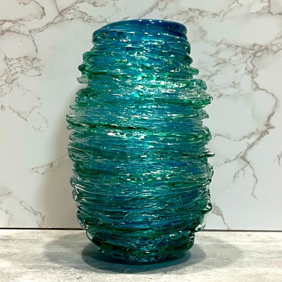 Accents | Vintage Artisan Threaded Glass Vase Blue Green And Clear ...